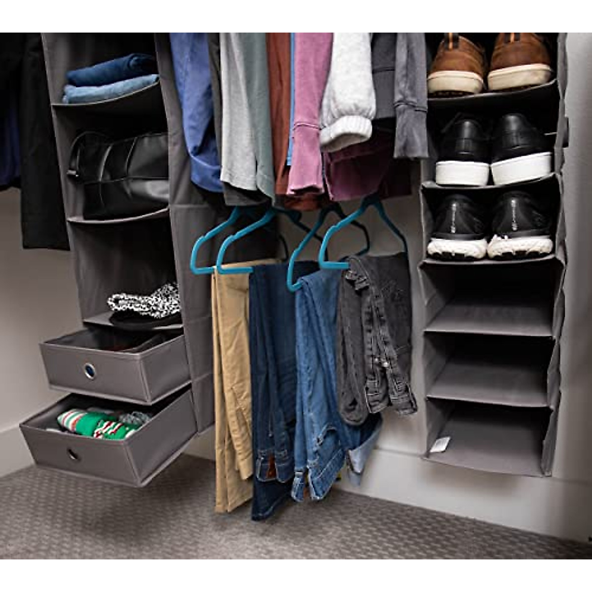 BIRDROCK HOME 5pc Hanging Closet Organizer System with Storage Shelves - Grey - Shoe Clothing Organization - Great for College Dorms or Kid Bedrooms Nursery