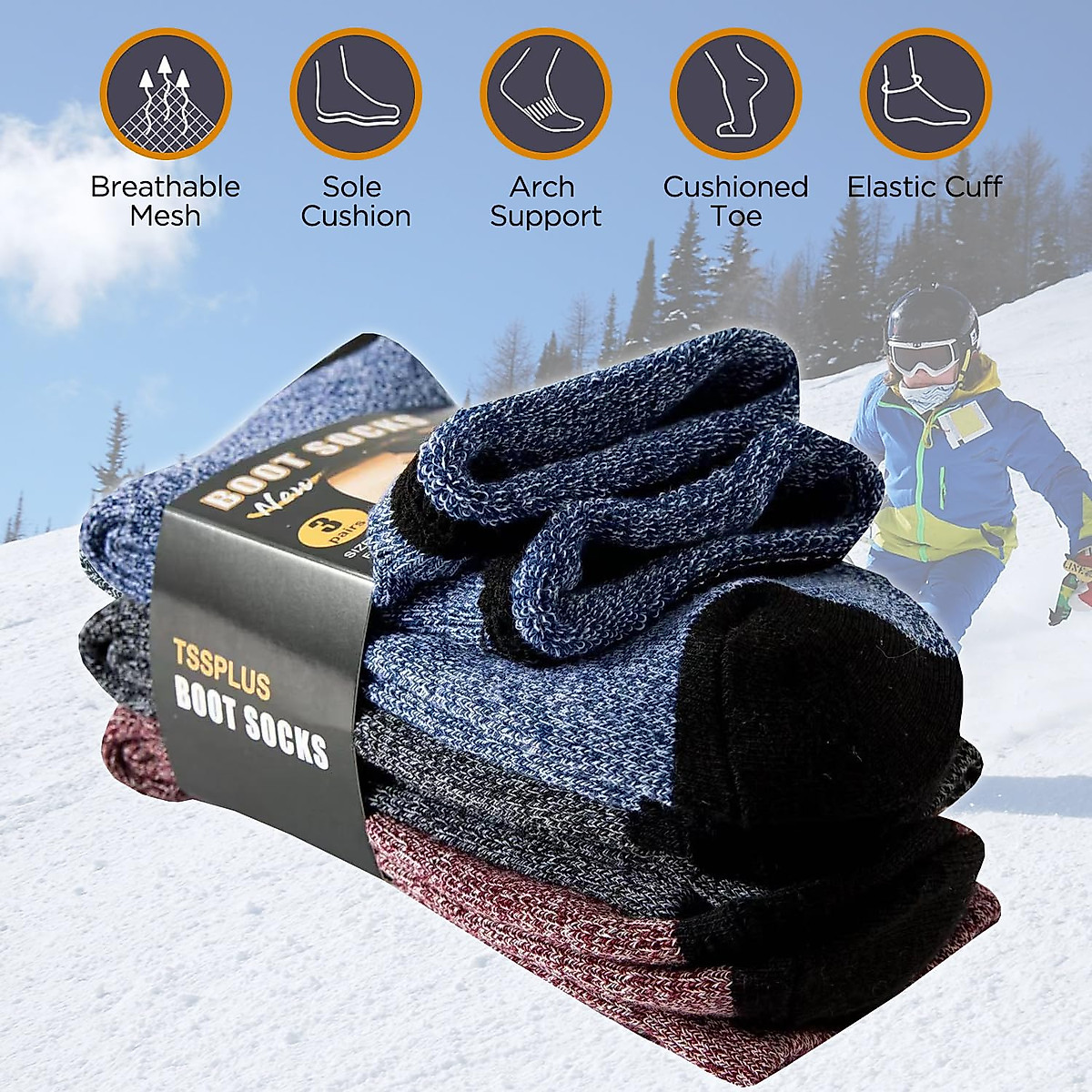 TSSPLUS 3-PAIRS Mens Winter Thermal Warm Heavy Duty Cotton Crew Work Boots Socks 9-13,Cold Weather Outdoor, Heat socks, Extreme warmer