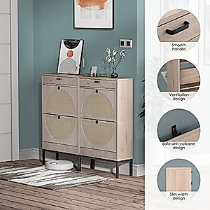 Brafab Shoe Storage Cabinet with 2 Flip Drawers&1 Small Drawer, Slim Entryway Shoe Organizer with Half Round Woven Rattan Doors for Sneakers…