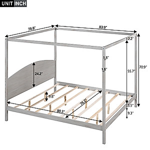Prohon King Canopy Bed with Headboard, Wooden Canopy Bed Frame w/Extra Support Legs, King Size Platform Bed for Kids, Teen, Adults, No Box Spring Needed, Easy to Install, Grey