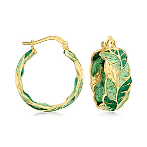 Ross-Simons Italian Green Enamel Leaf Vine Hoop Earrings in 14kt Yellow Gold