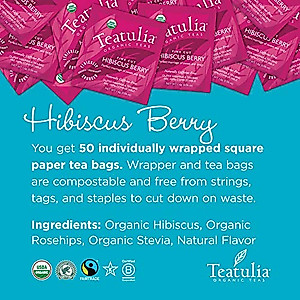 Teatulia Organic Hibiscus Berry Tea Bags (50 Wrapped Tea Bags) | 100% Compostable | Sustainably Grown In Egypt | Hibiscus & Rose Hips