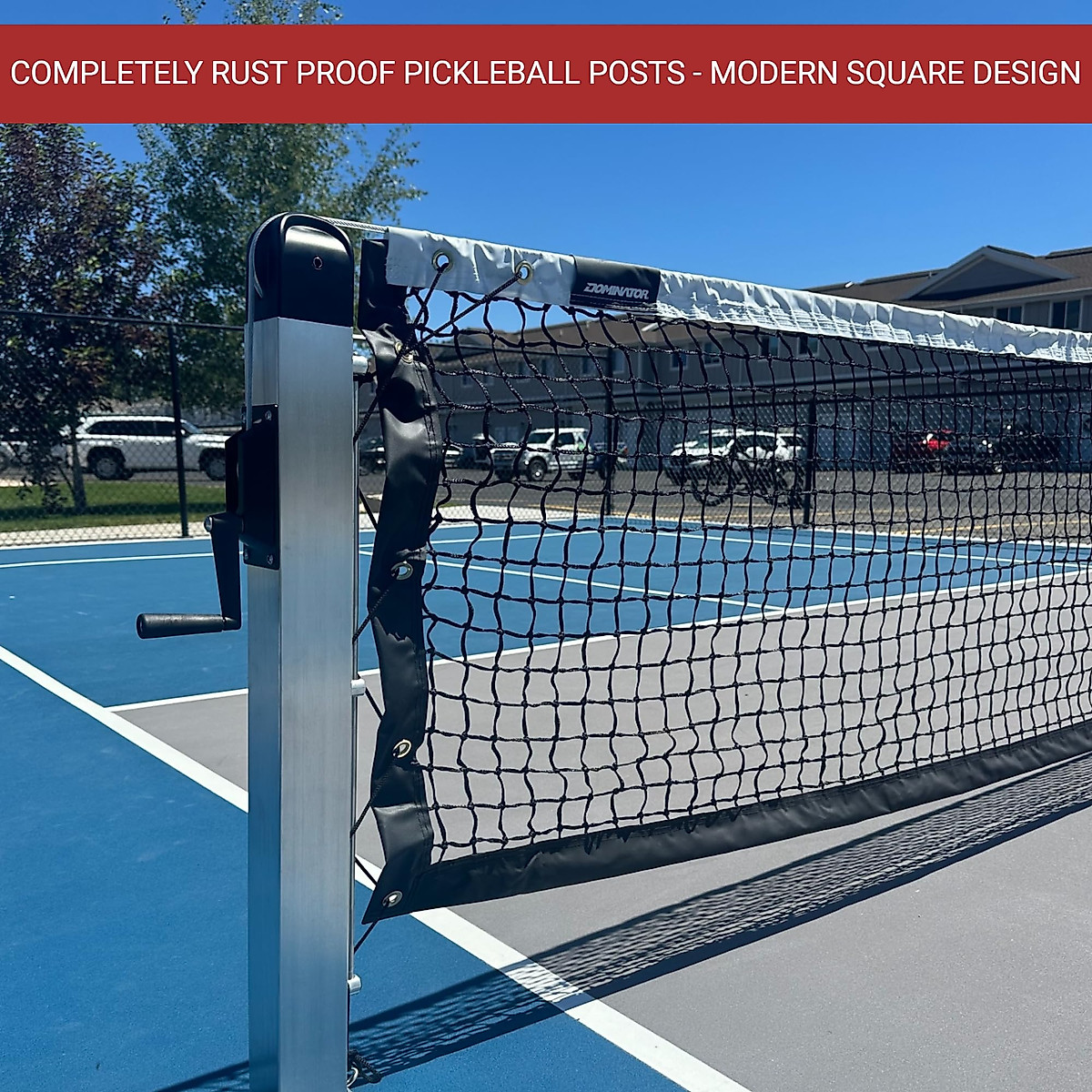 Dominator In Ground Pickleball System - Includes Two Heavy Duty Square Pickleball Posts with Net and Sleeves - Aluminum, Rust Free, and Follows USAPA Standards