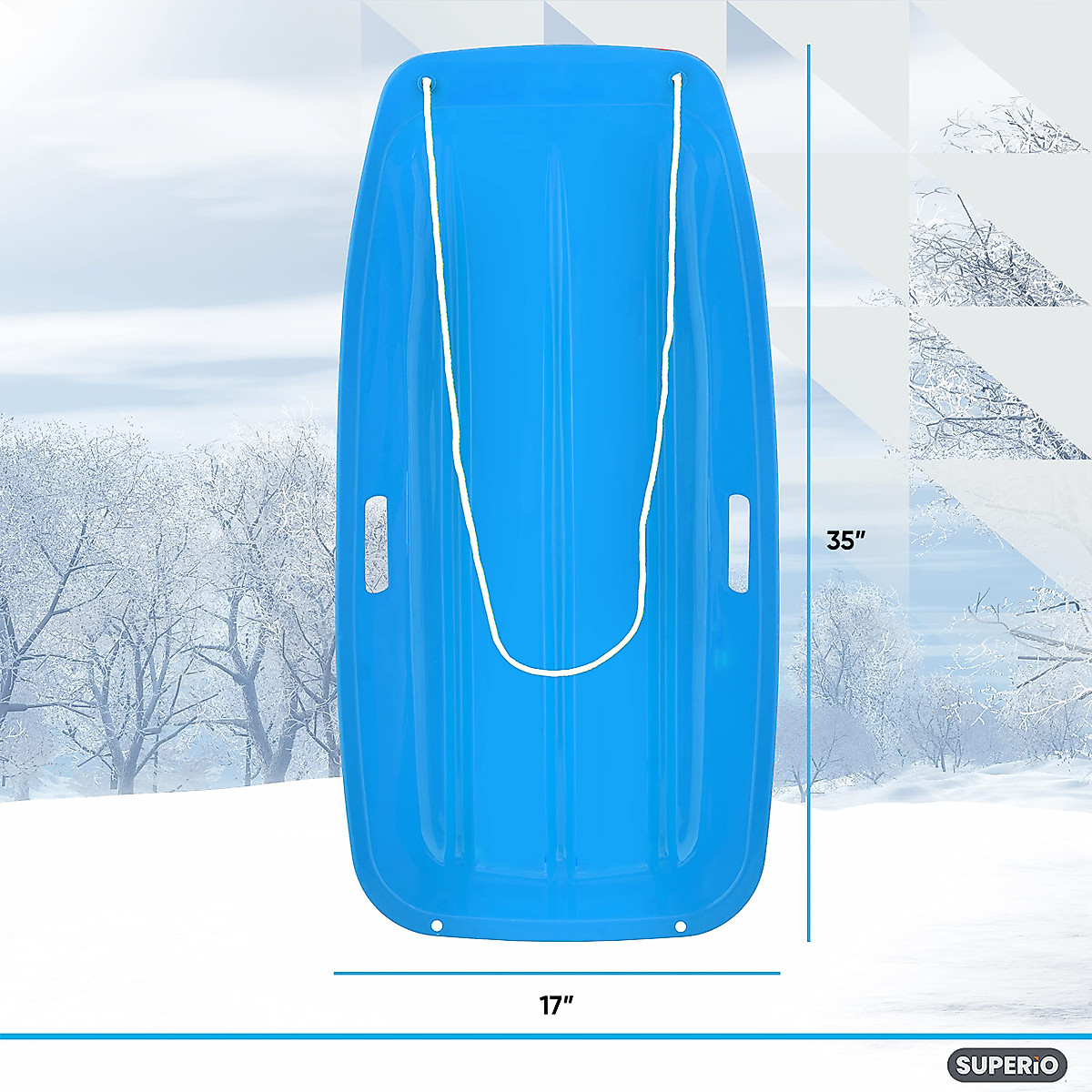 Superio Toboggan Snow sled for Kids and Adults - 35" Long with 2 Handles Pull Ropes (Blue)