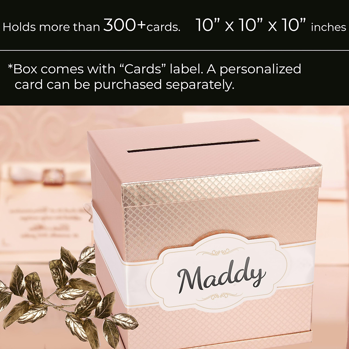 Merry Expressions 10" Rose Gold Card Box, Party Card Holder, Money Gift Box for Wedding Reception, Honeymoon, Graduation, Birthday, Sweet 16, Bridal or Baby Shower - Wedding Gift Table Decoration