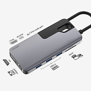 Port Expander Docking Station 10 in 1 USB C Hub with Hidden Cable (Ethernet, HDMI, VGA, 3 USB 3.0, SD/TF Card Reader, PD 87W, 3.5mm Audio) USB Splitter