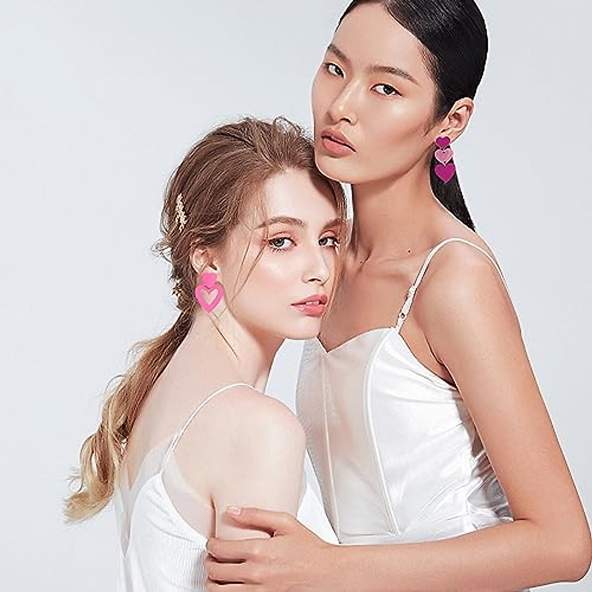 cnskoe Pink Earrings for Women Dangling Barbie Earings Dangle Heart Rectangle Dangle Tassel Lightweight Statement Jewelry （6 Pairs）