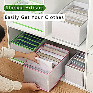 EIIXMSO Wardrobe Clothes Organizer and Storage with Support Board - 2 Pcs of 7 Grids , Large Foldable Closet Drawer Storage Boxes for Jeans T-shirt Pants Legging (Green)