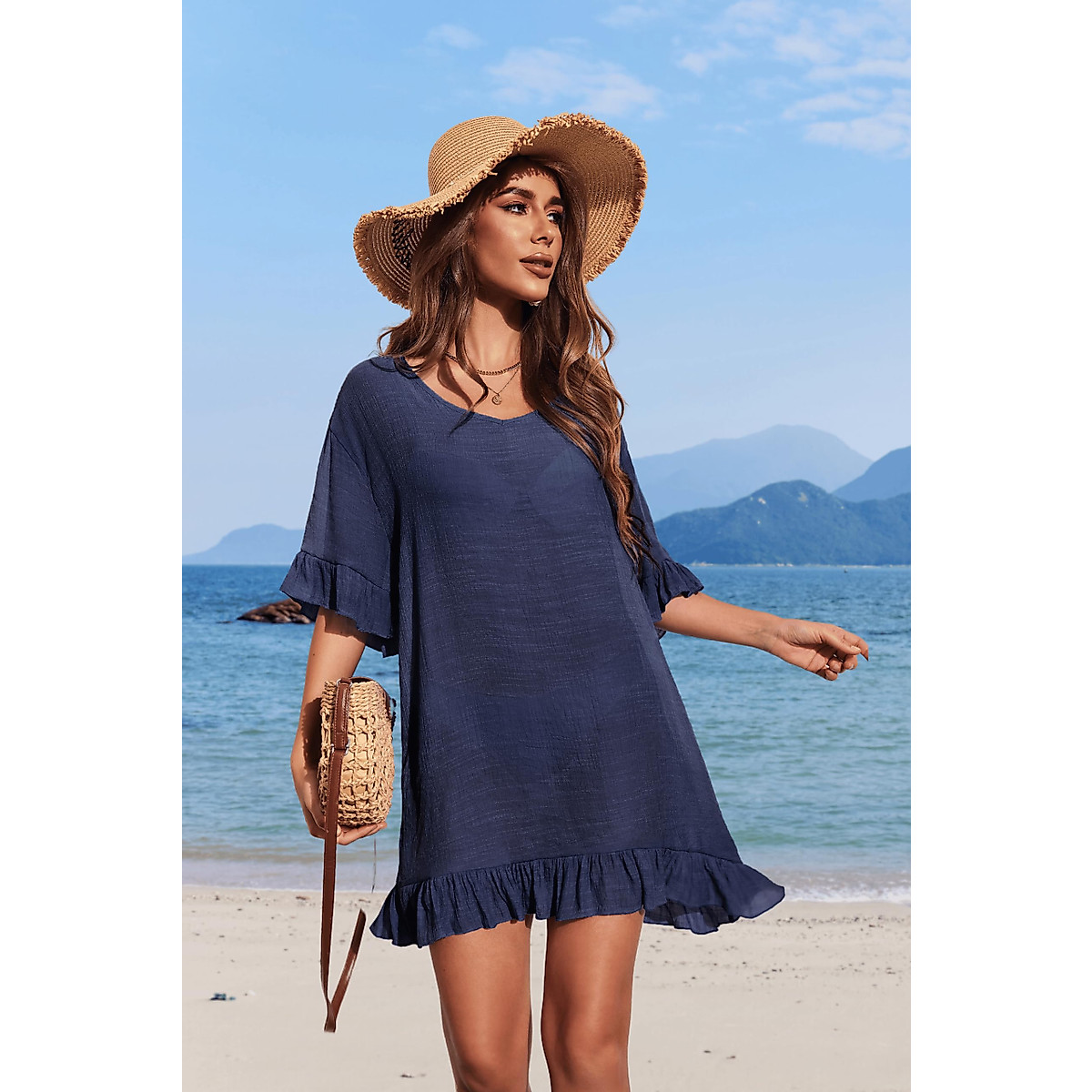 Ekouaer Women Cover-Up Dresses for Swimwear Ruffle Sleeves Beachwear Sexy V Neck Bikini Bathing Suit Coverups (Navy, Medium)