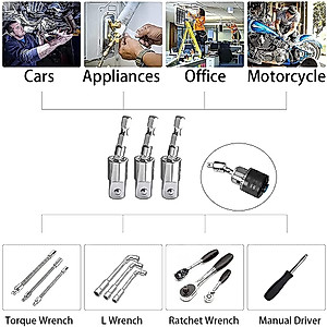 3Pcs 1/4" 3/8" 1/2" Bits 360°Rotatable,Impact Grade Socket Adapter/Extension Set Turns Power Drill Into High Speed Nut Driver,for Cordless Drills Ratchet Extension,Universal Socket Wrench Adapter Set