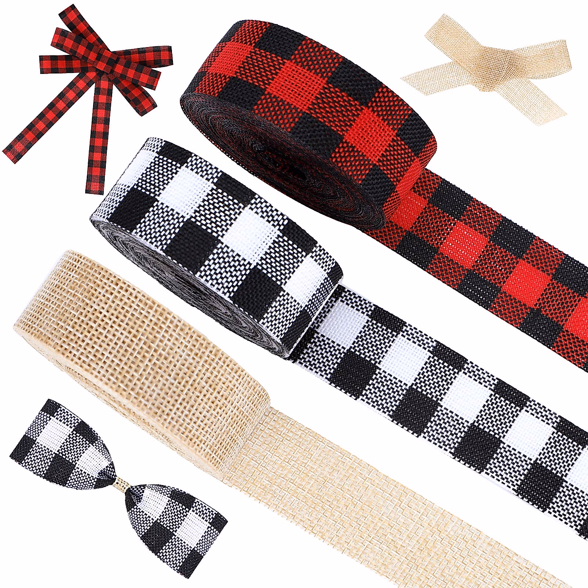 3 Rolls Christmas Plaid Ribbon Buffalo Plaid Burlap Ribbons Christmas Wrapping Decoration Ribbon for Christmas Fall Wrapping DIY Crafts Decor Supplies, 24 Yards in Total (1 Inch)