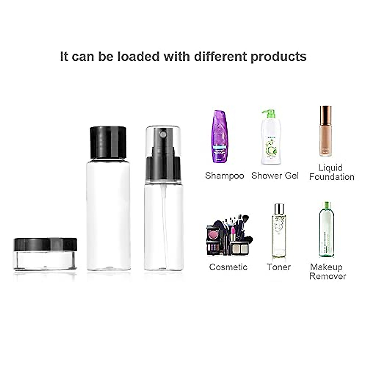 Vitog Travel Bottles Kit, TSA Approved Leak Proof Portable Toiletry Containers Set, Clear flight size PET Cosmetic Containers for Lotion, Shampoo, Cream, Soap, Set of 11 (Black+Plastic)