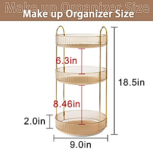 shuang qing Rotating Makeup Organizer for Vanity 3 Tier, High-Capacity Skincare Clear Make Up Storage Perfume Organizers Cosmetic Dresser Organizer Countertop 360 Spinning （Gold）