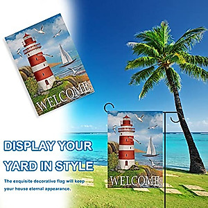 Covido Home Decorative Welcome Spring Summer Lighthouse Garden Flag, Coastal Seagull Birds Yard Beach Nautical Sailboat Outside Decoration, Ocean Outdoor Small Burlap Decor Double Sided 12 x 18