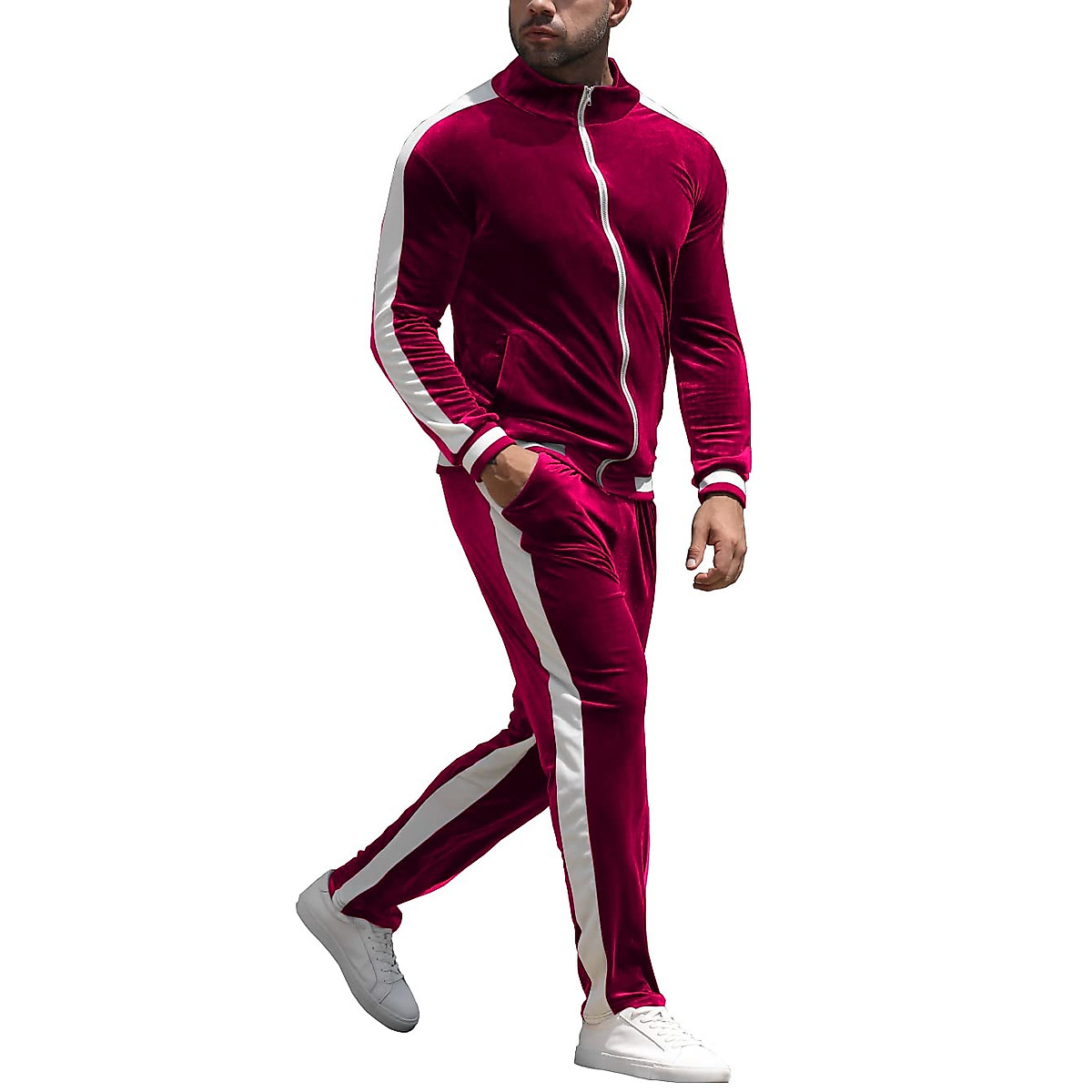 YAOGRO Velour Tracksuit Sweatsuit Set:Men's Jogging Suits Full Zip Casual Jackets Pants 2 piece Outfit Athletic Workout Red