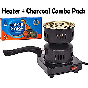 Gold Star* Electric Charcoal Fast Starter, Fire Burner Stove for Hookah, Shisha, Nargila, BBQ, Fire Starter, Coal Burn + Coco NARA Natural Coconut Shell Charcoal [ Heater & Charcoals Combo Pack ]