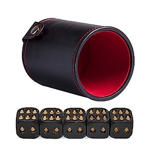 Red Lining Leather Professional Dice Cup with 5pcs Black Mini Death Skull Dice for Party Playing Drinking Death Table Game Party Tool