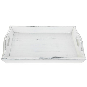 MyGift 16-Inch Vintage White Wood Large Serving Tray with Handles, Rectangular Ottoman Breakfast Tray