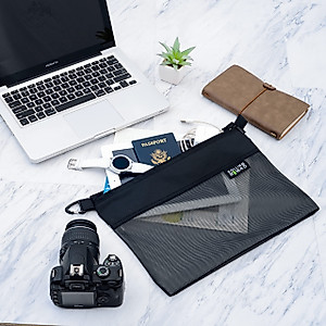 Rolling Nomad Large Zipper Pouch, Water-Resistant Mesh Bag, Black Travel Organizer, Toiletry, Storage, Cosmetics, Money Purse, Accesory, 14.2x10.2x0.4