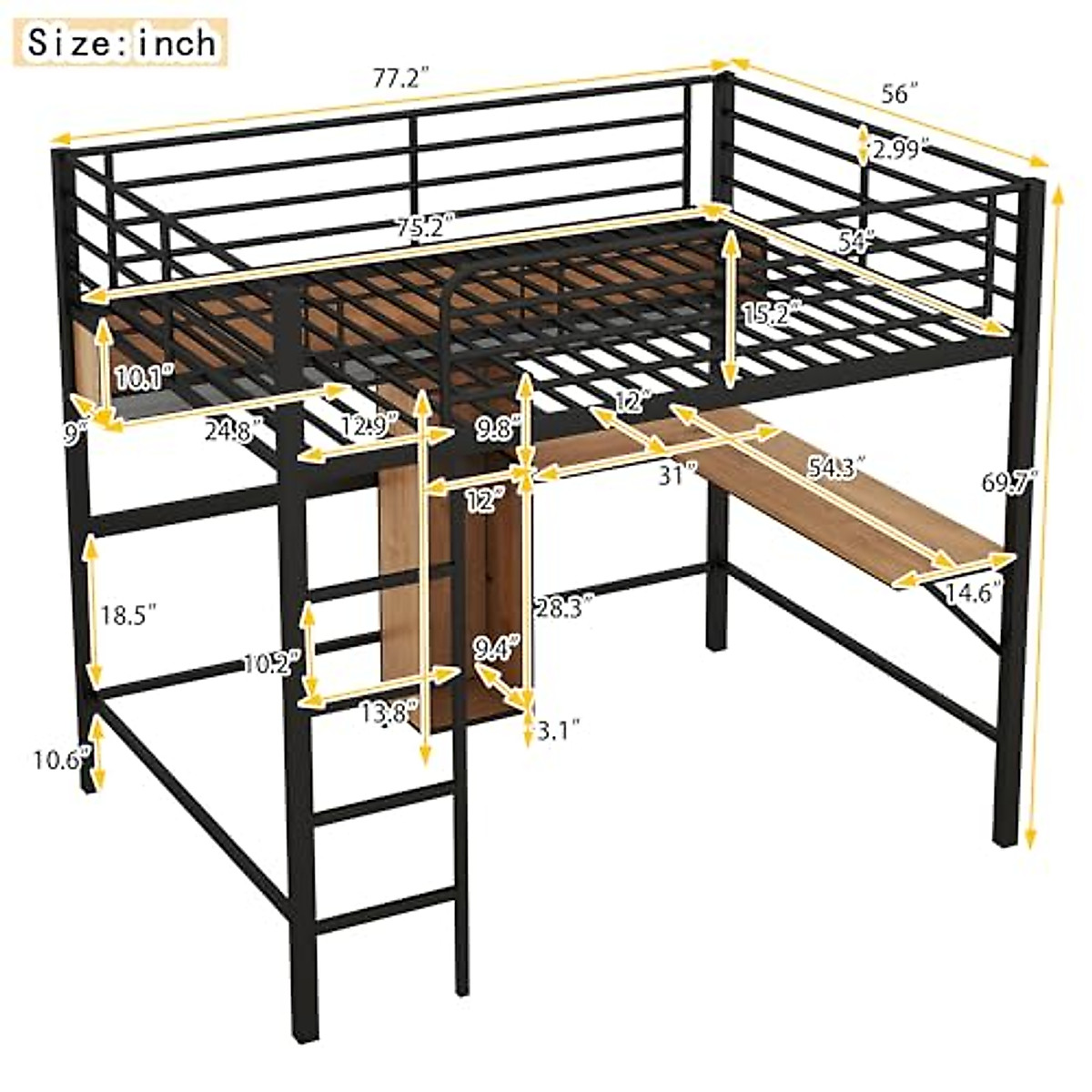 DOLPRNE Full Size Metal Loft Bed with L -Shaped Desk,Guardrails and Shelves,Multi -Functional Bed Frame for Kids Teens Adults Bedroom,Black