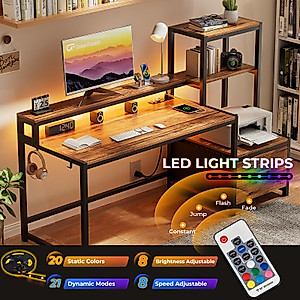 GreenForest Office Desk with Power Outlets and Printer Shelf, 68.8 inch Computer Desk with LED and Drawer, Reversible Gaming Desk with Storage for Home Study Working,Walnut