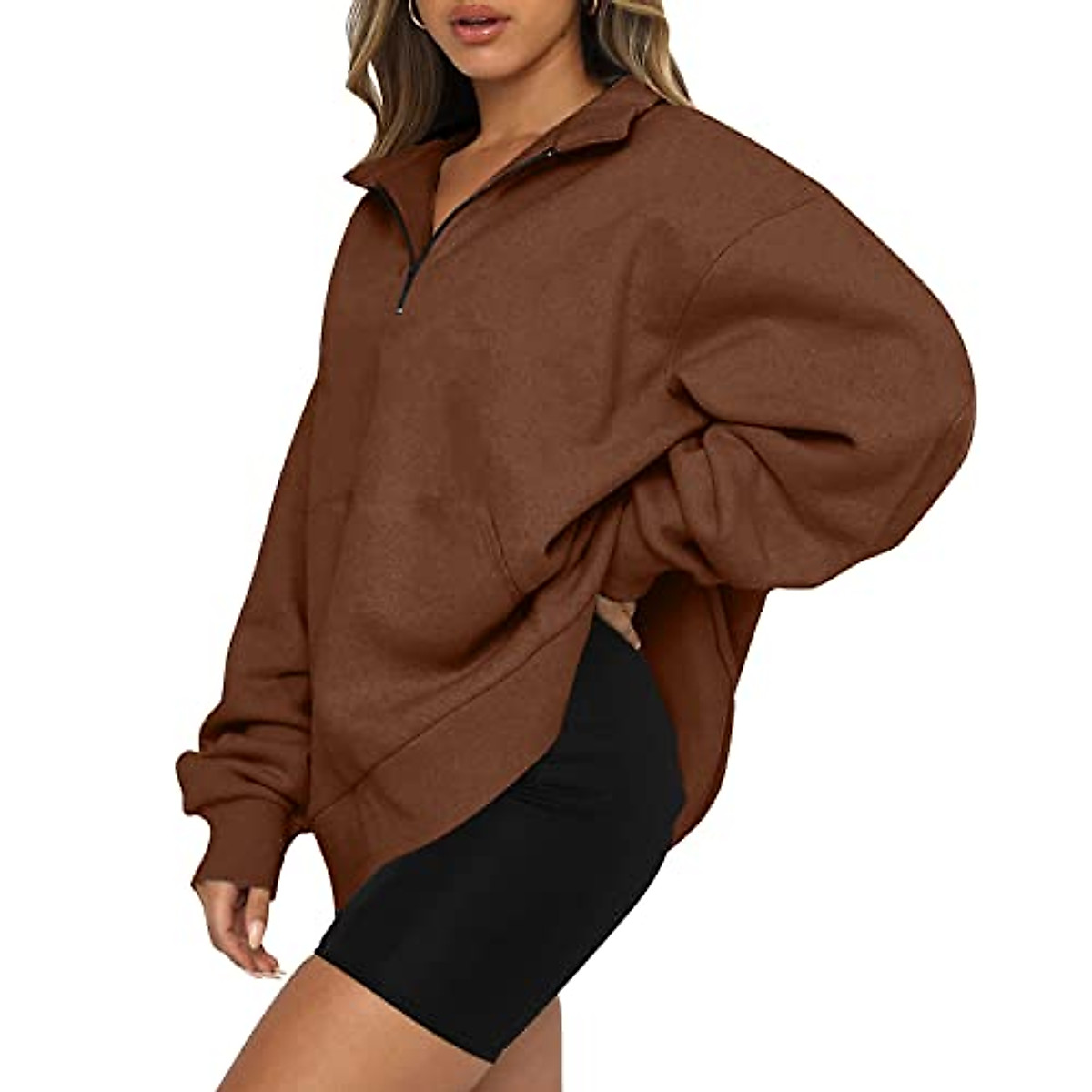 Sweatshirt For Women Oversized Half Zip Pullover Long Sleeve Sweatshirt Quarter Zip Hoodie Sweater Hoodies (Coffee, M)