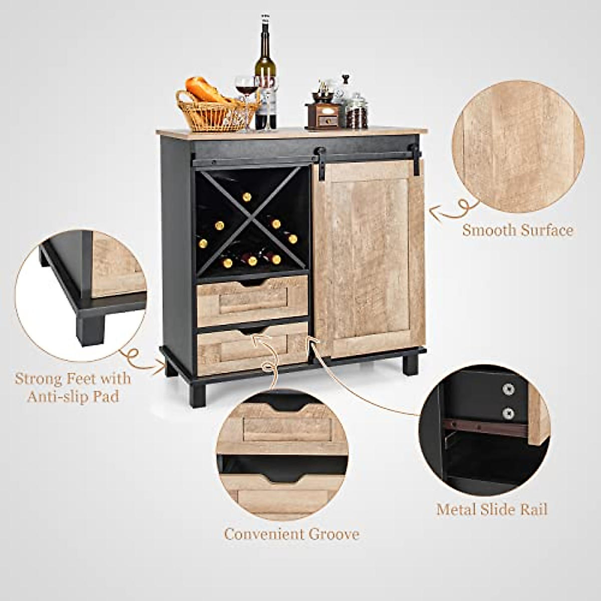 Giantex Buffet Sideboard, Coffee Bar Station with Sliding Barn Door, 2 Drawers, Wine Rack, Wood Cupboard Pantry, Farmhouse Storage Cabinet for Kitchen, Living Room (Natural & Black)