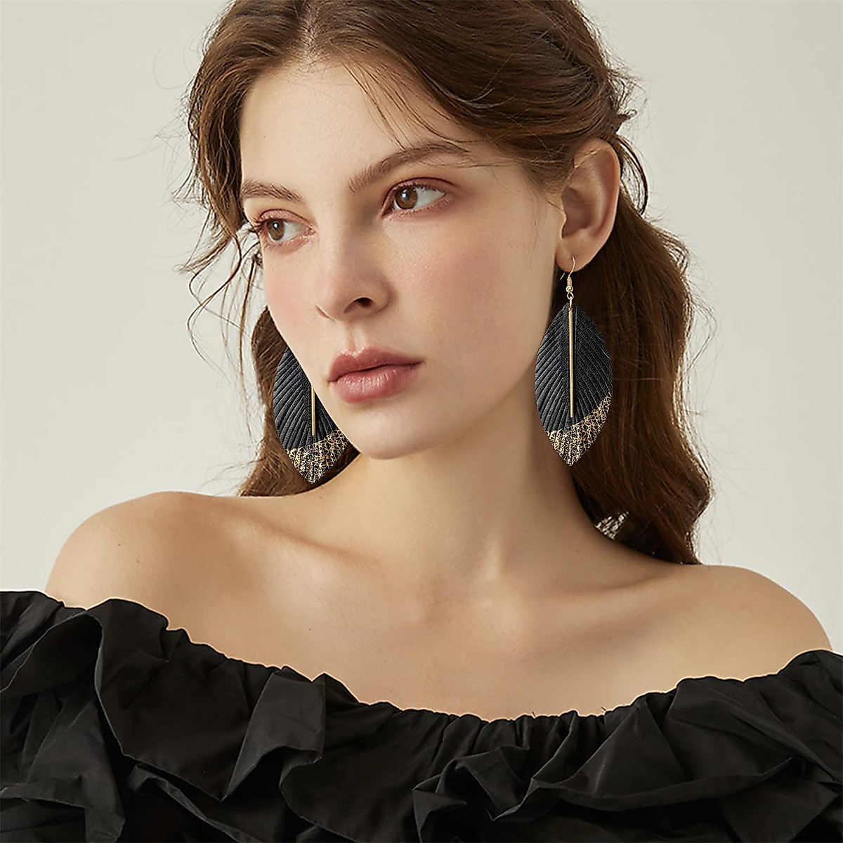 Handmade Bohemian Lightweight Soft Genuine Leather Feather Leaf Dangle Drop Earring Sparkle Real Leather Large Leaf Hook Earrings With Simple Drop Metal Bar for Women Statement Jewelry Gifts (Black Color)