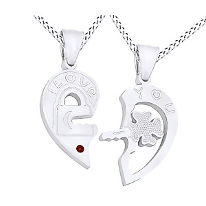 AFFY Round Simulated Red Garnet I Love You Heart Couple Pendant Necklace in 14K White Gold Over Sterling Silver