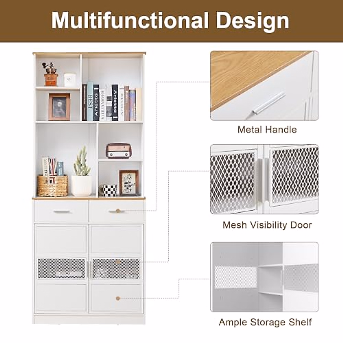 VECELO 72" Tall Kitchen Pantry Storage Cabinet with Doors & Shelves & 2 Drawers Freestanding Buffet Hutch with | Microwave Stand | Cupboard for Dining Room