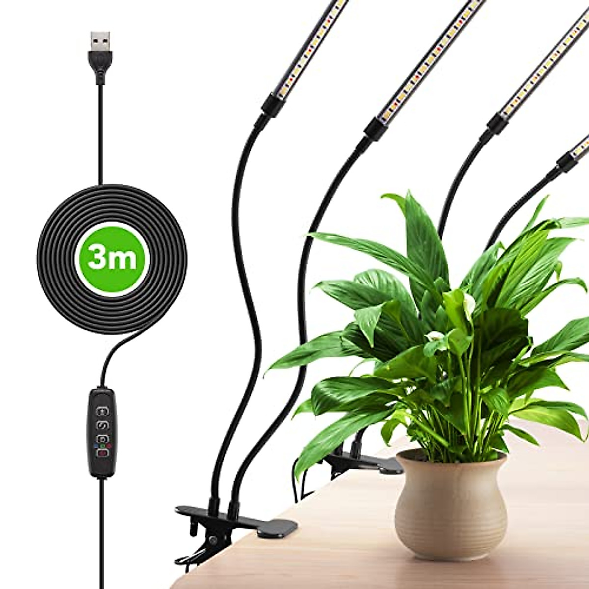 GROWSTAR Plant Lights for Indoor Growing, Full Spectrum 4 Heads Clip Grow Lamps with 10 Feet Cables for Seeding Blooming and Fruiting(2 Pack)