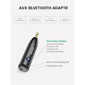 ZOACHII Bluetooth Aux Adapter for Car, Wireless Bluetooth 5.0 Audio Receiver with 3.5mm Jack for Vehicle Truck Home Stereo Speaker Headphone Music Streaming, Handsfree Calling, [1 Piece]