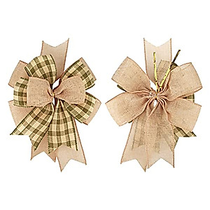Meseey 2 Pcs 12 x 10 Inch Big Bow Ribbon with Nature Burlap Green Plaid Buffalo Checkered Ribbons and Bow Use for Christmas Gift Wrapping, Party Decoration (Green White )