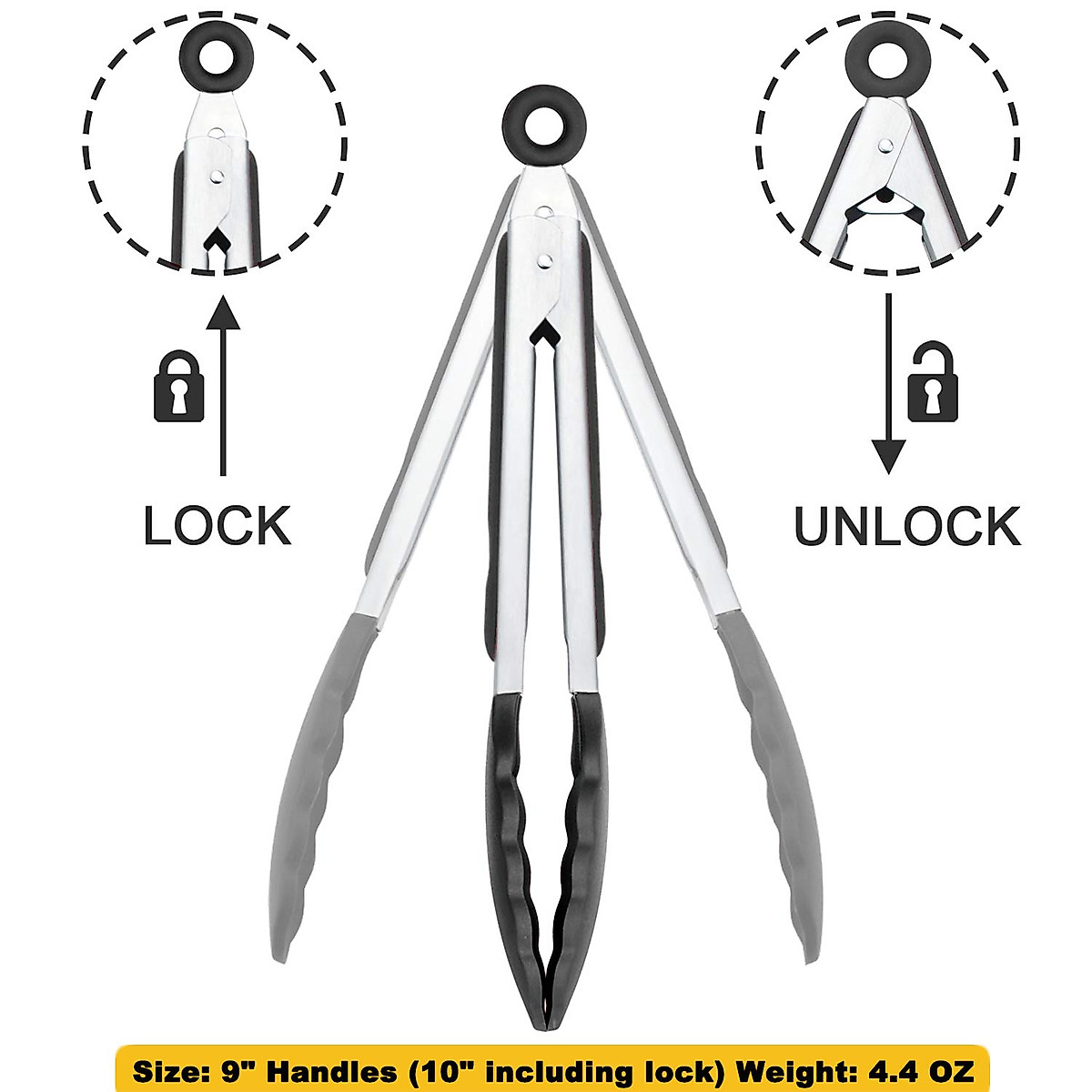 HINMAY 9-Inch Kitchen Cooking Tongs with Silicone Tips, Set of 3 (Black White Gray)