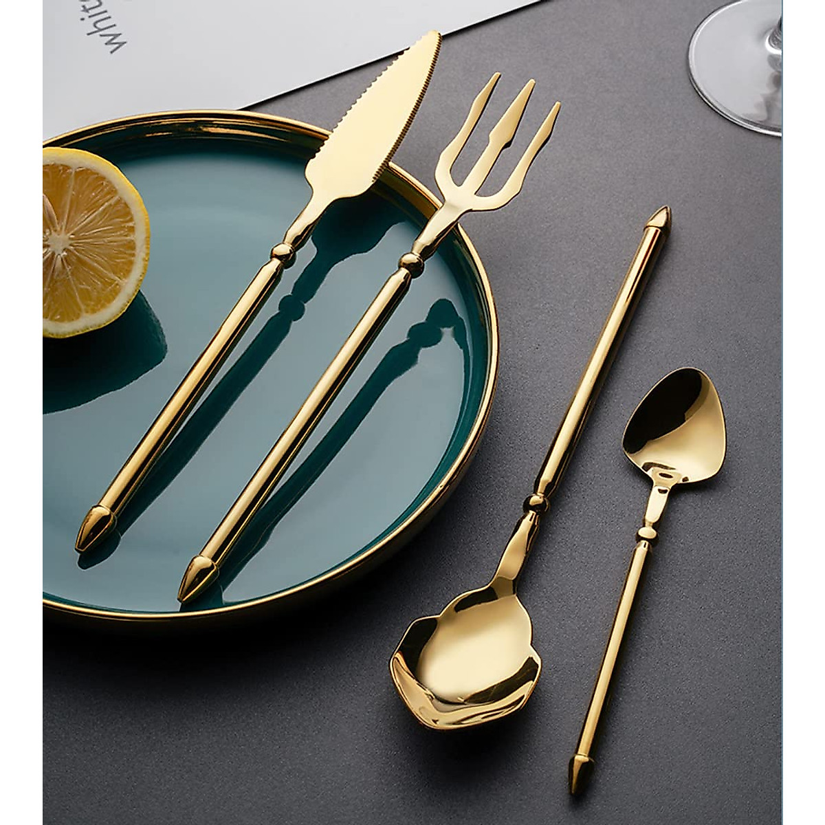 Gold Silverware Set for 16 Durable 18/10 Stainless Steel Flatware Set Creative Styles 64 Piece Modern Cutlery Tableware Utensils Set for Home Kitchen Wedding Restaurant Knives forks and Spoons (Color