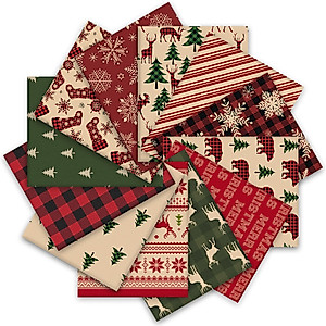 JarThenaAMCS 12Pcs Christmas Cotton Fabric Bundles 18 x 22 Inch Red Green Woodland Fat Quarters Xmas Sewing Fabrics for DIY Craft Party Decor