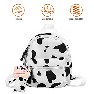 TENDYCOCO Cow Backpack with Plush Cow Pendant Canvas Cow Print Backpack Cow Print stuff Cow Gifts for Women Mini Backpack for Women