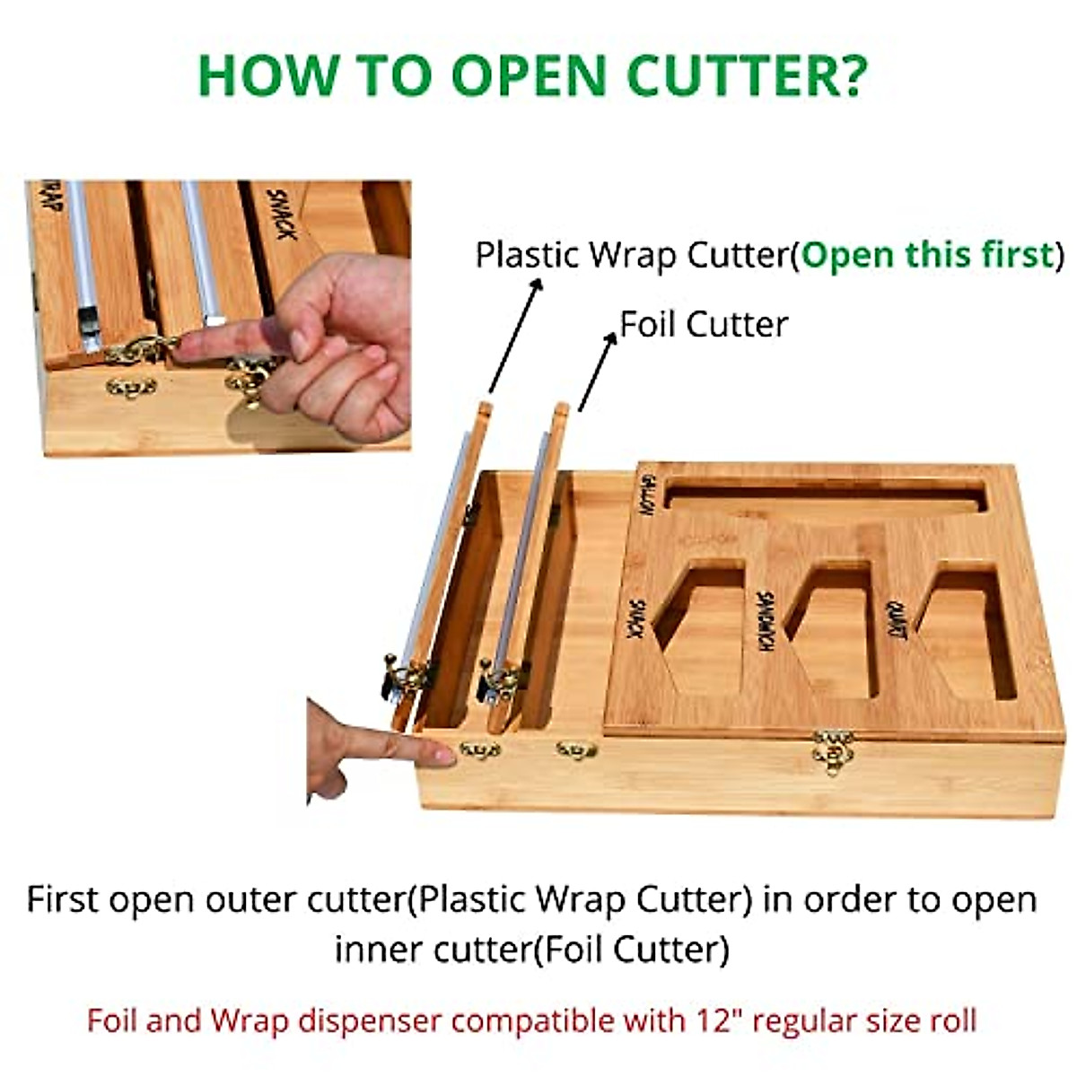 Bamboo Ziplock Bag Organizer with Foil and Plastic Wrap Organizer with Cutter - Aluminum Foil Dispenser for Drawer - Compatible with 12" Regular Kitchen Rolls