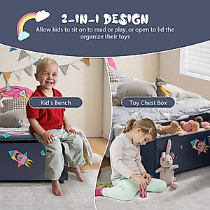 HONEY JOY Kids Wooden Toy Box, 2 In 1 Large Toy Storage Chest with Padded Cushion Seat, Carry Handles, Faux Leather Toddler Toy Storage Bench for Nursery, Bedroom, Playroom (Astronaut)