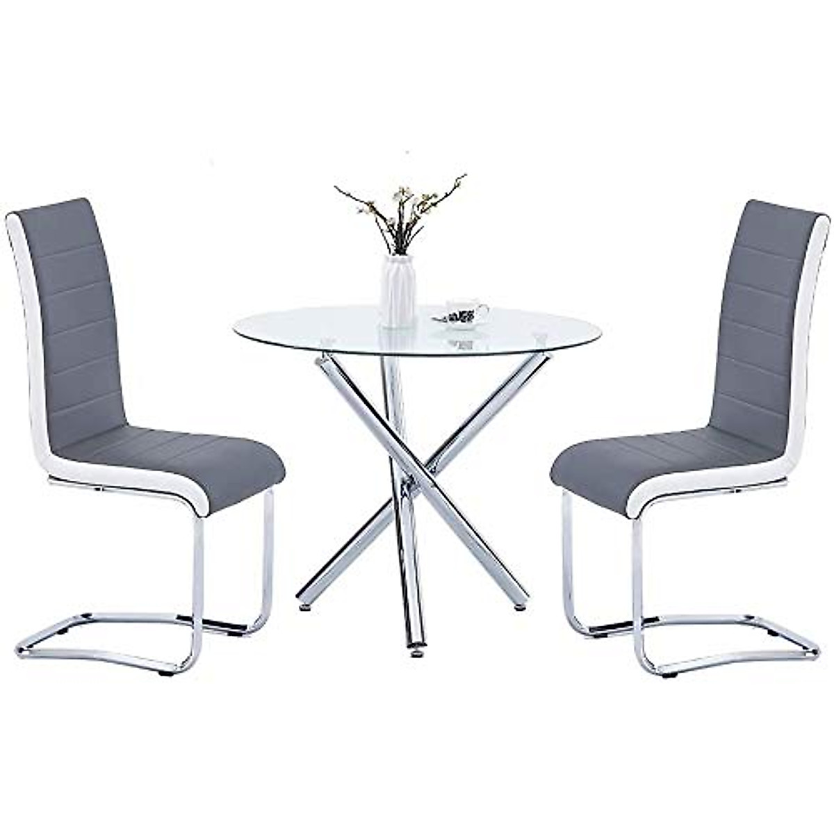 Glass Dining Table, Glass Round Dining Table Kitchen Table with Clear Tempered Glass Top, Modern Dining Table End Table Leisure Tea Coffee Table (Table)