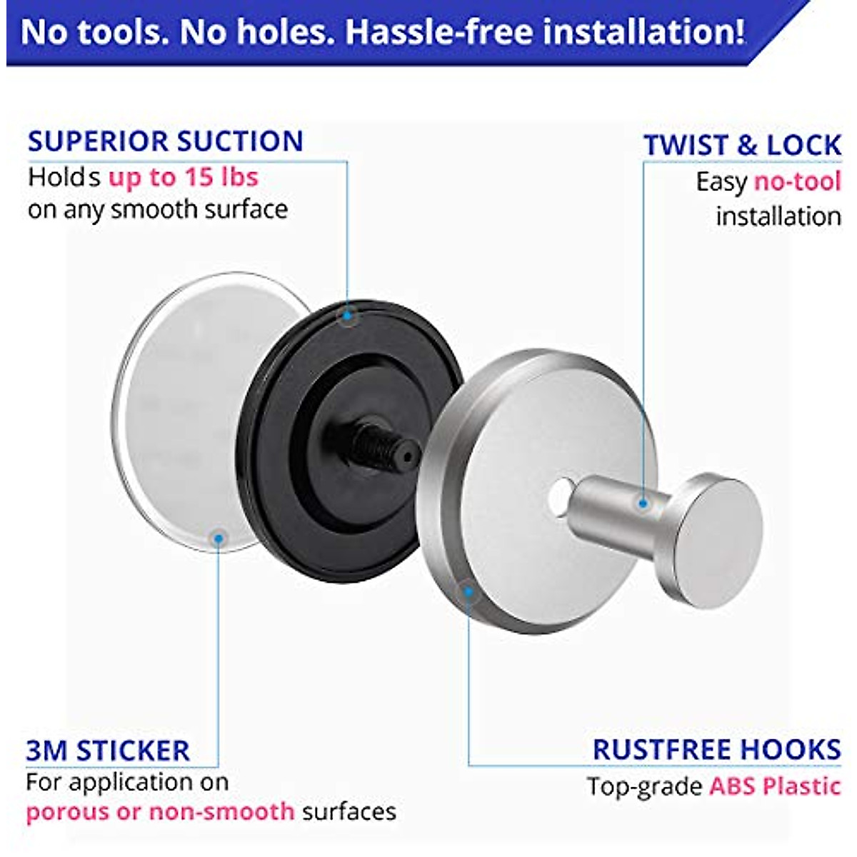 HOME SO Suction Cup Hooks for Shower, Bathroom, Kitchen, Glass Door, Mirror, Tile – Loofah, Towel, Coat, Bath Robe Hook Holder for Hanging up to 15 lbs – Waterproof & Rustproof, Chrome (2-Pack) …