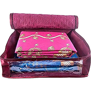Fashion Bizz Saree Cover Set of 10 Large Maroon Satin/Wardrobe Organiser/Clothes Bag