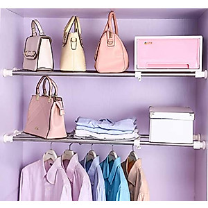 BAOYOUNI Expandable Closet Tension Shelf Rod Organizer Adjustable Storage Rack Heavy Duty Clothes Hanger Metal Space Saving Divider for Bathroom Kitchen Cupboard Wardrobe Bookshelf 32''-46'', Ivory