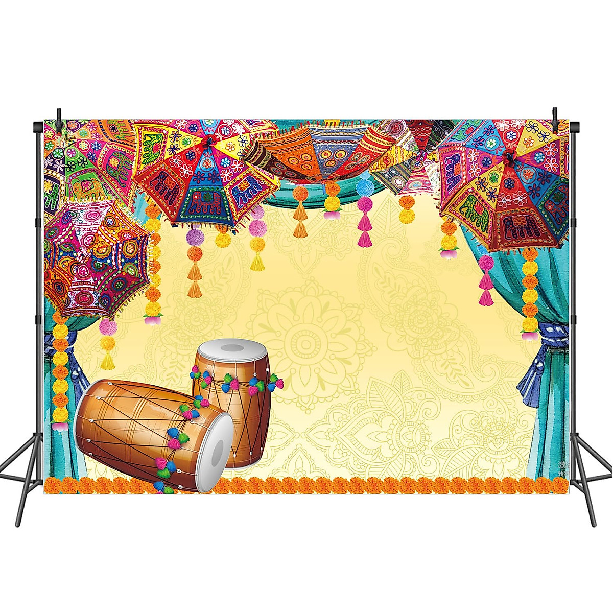 Indian Traditional Wedding Backdrop Orange Flower Marigold Marriage Traditional Festival Photography Background Hindu Curtain Bridal Shower Party Decorations Banner 7x5FT