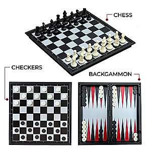 Leksak Games 10'' Magnetic Chess Checkers Backgammon Set 3 in 1 - Travel Board Games Portable Case Folding Board - Beginner Chess Set for Kids and Adults - 30 Checkers Pieces