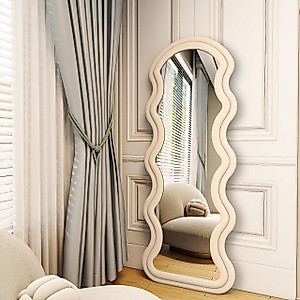 ABSWHLM Arched Full Length Mirror 63"x24" Irregular Wavy Mirror with Flannel Wrapped Wood Frame Floor Mirror for Living Room, Bedroom Hanging or Leaning Wall-Mounted, Milk White