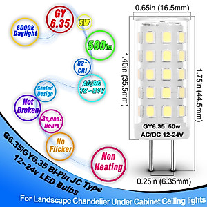 Heifymi 5W G6.35 LED Bulb Daylight White 6000K G6.35/GY6.35 Bi-Pin Base JC Type LED AC/DC 12-24V 50W Halogen Replacement Bulb for Pendant Puck Closet Accent Landscape Lights, Non-Dimmable, 5 Pack