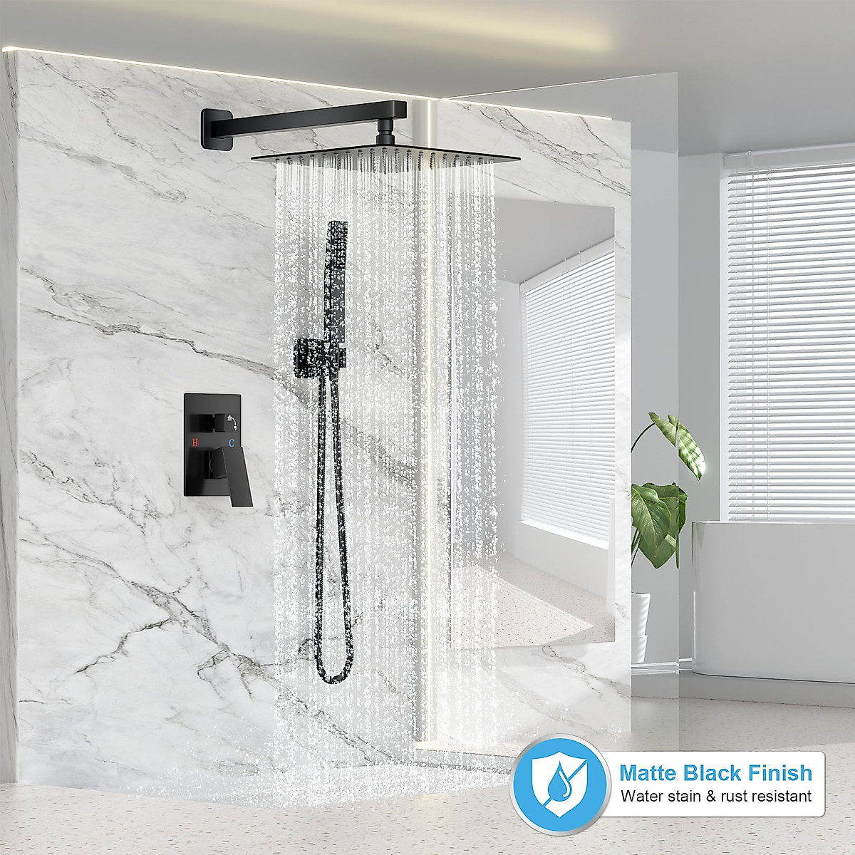 FPXRNG Black Shower Faucet Set, Rainfall Shower System with Rain Shower Head and Handle Set, Wall Mounted Shower Fixtures, Full Metal Trim Repair Kit 10 inch Matte Black (With Shower Valve)