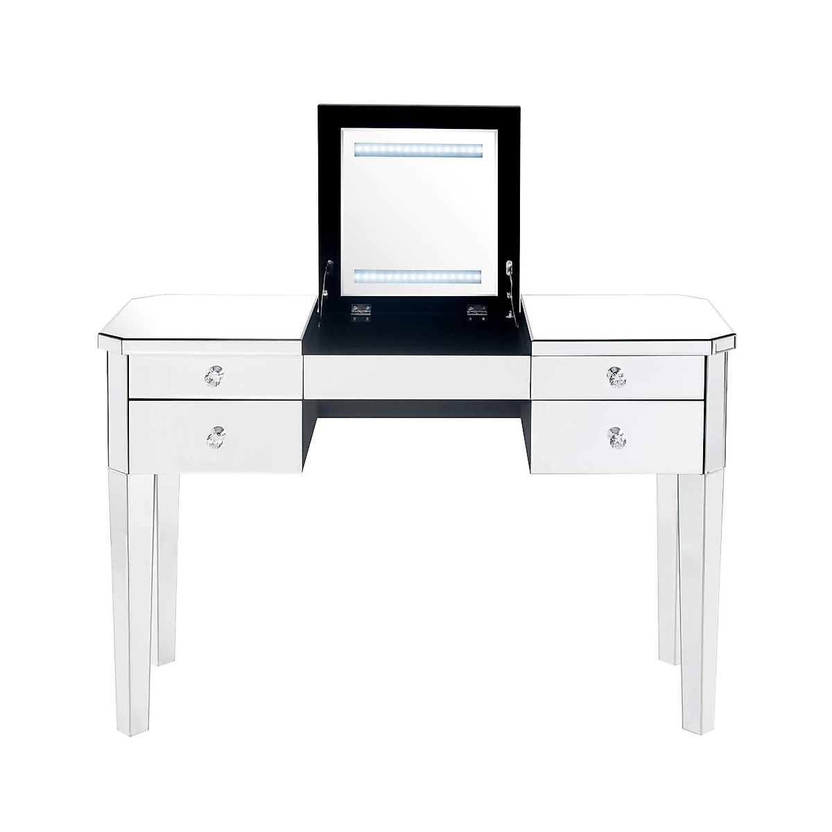 Inspired Home Mirrored Vanity Table - Design: Marabelle | 4 Drawers Lift-up Top | LED | Jewelry Holder | Cosmetics Organizer