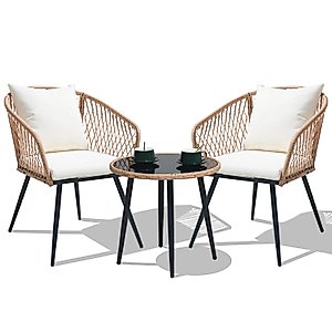 3 Piece Patio Furniture Bistro Set, Outdoor All-Weather Rattan Conversation Set for Garden Balcony Backyard Poolside (Yellow+White)